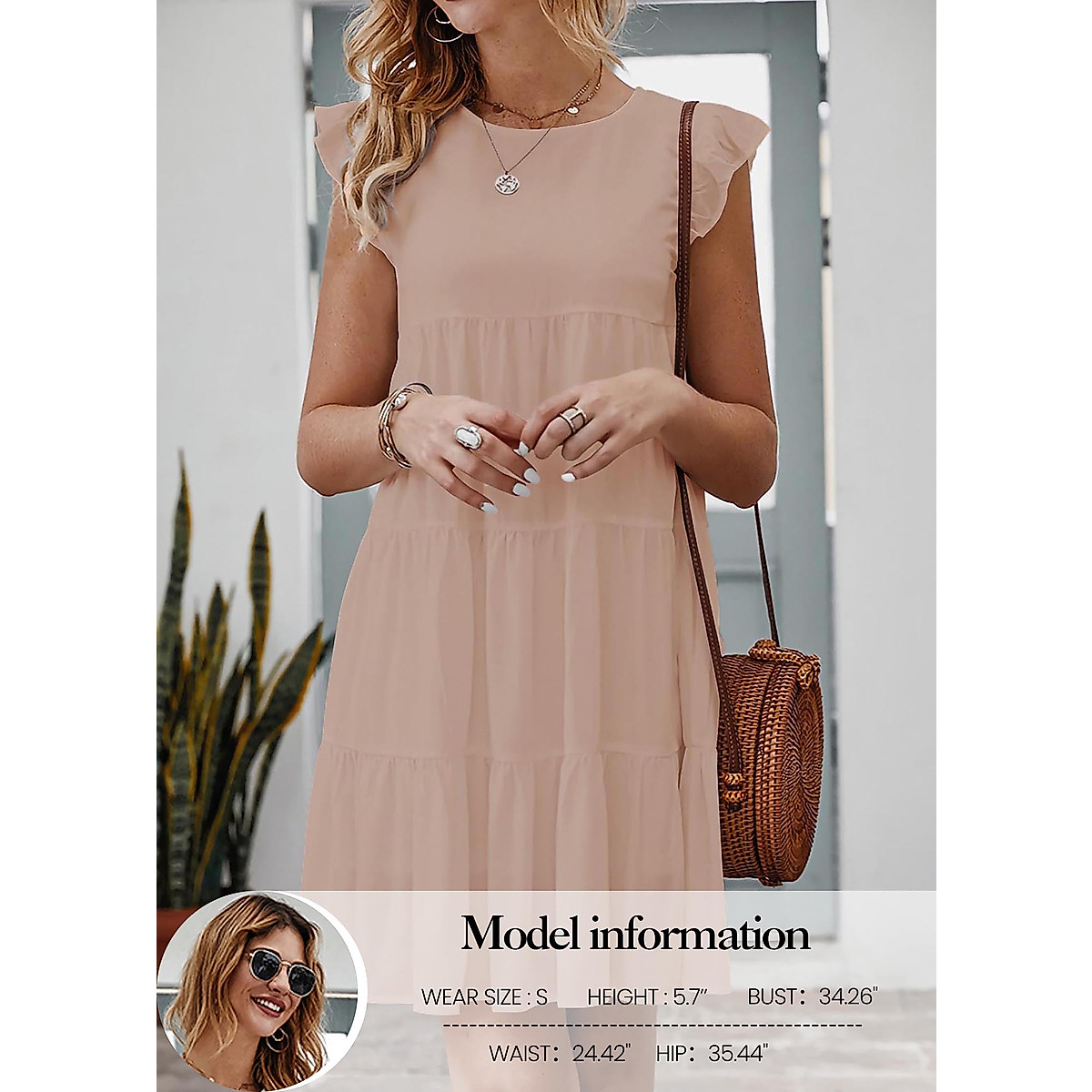 KIRUNDO Women's Summer Dresses 2024 Sleeveless Ruffle Sleeve Round Neck Solid Loose Short Flowy Pleated Mini Babydoll Dress, Apricot, Medium