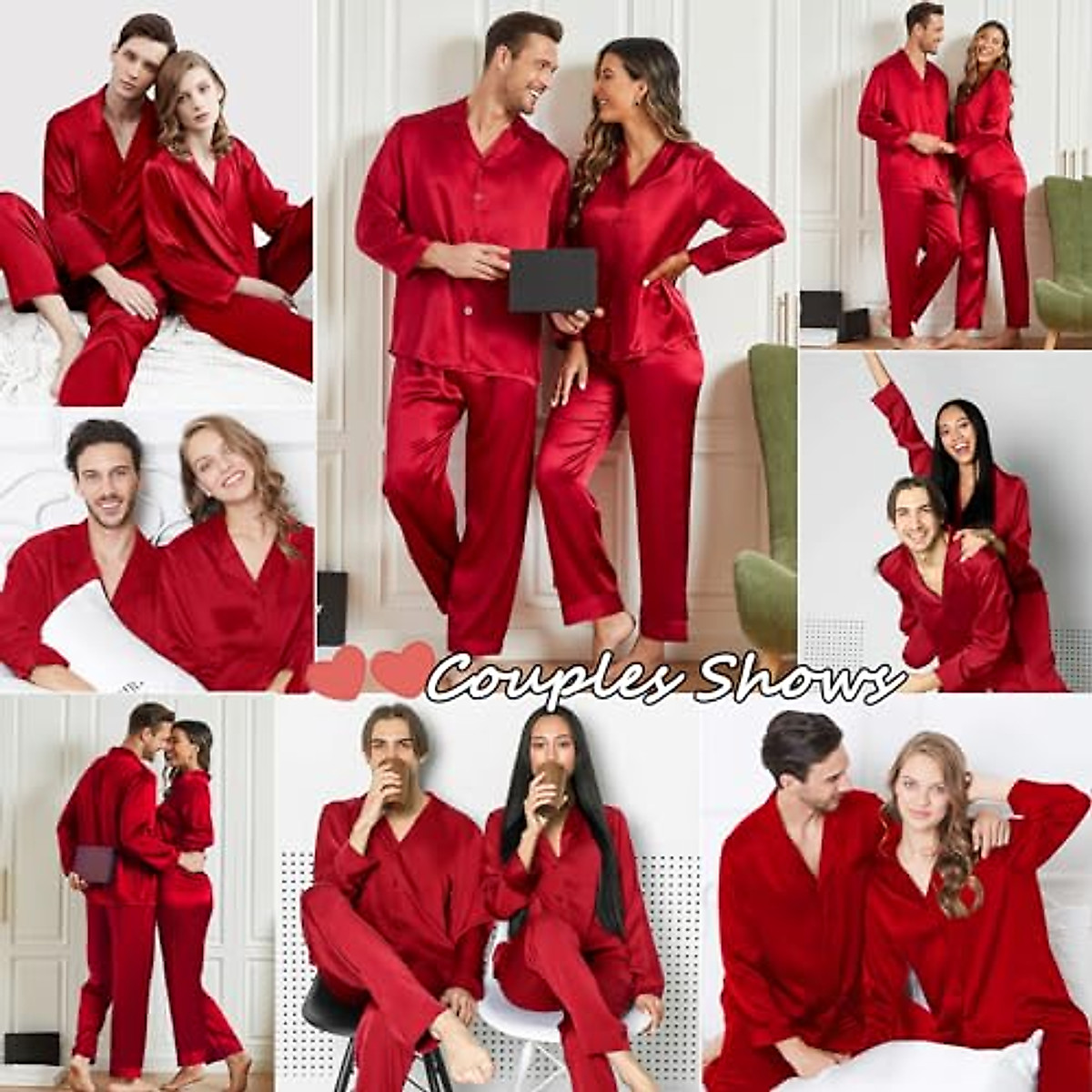 SWOMOG Couples Matching Pajamas Sets Silk Satin Long Sleeve Sleepwear Button Down Loungewear Pjs Set with Long Pants Red