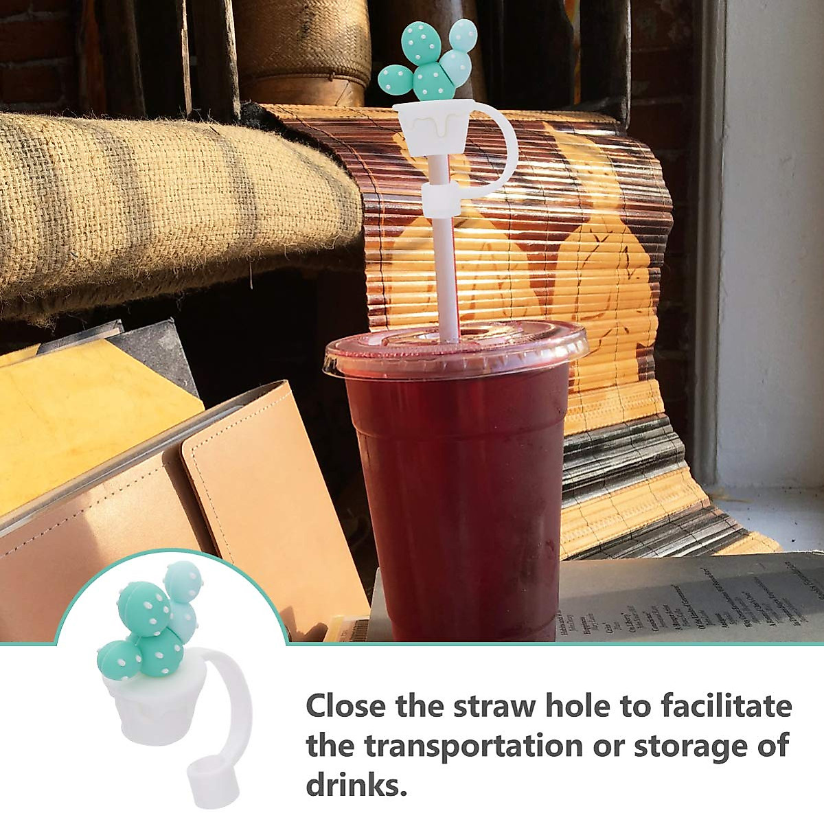 SEWACC 2 Pcs Straw Covers Silicone Straw Caps Reusable Drinking Straw Tips Lids Straw Toppers for Home Office (Cactus)