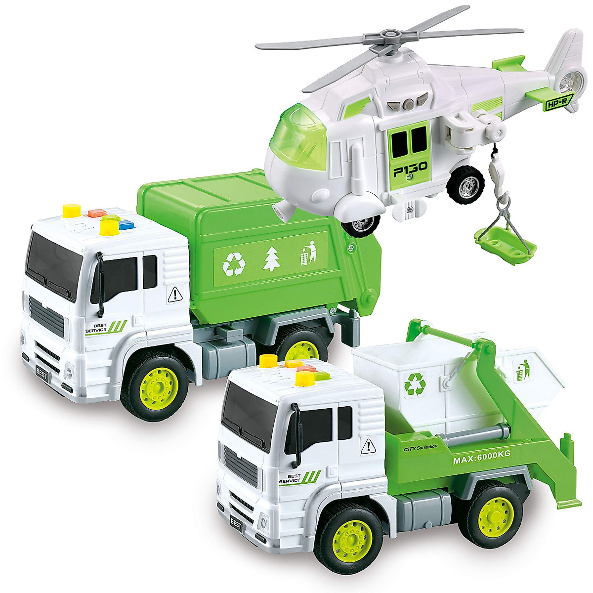 JOYIN 3 in 1 Friction Powered City Waste Management Vehicle Car Truck Toy Set Including Helicopter, Garbage Truck, and Waste Collection Truck, with Lights and Sounds/Sirens