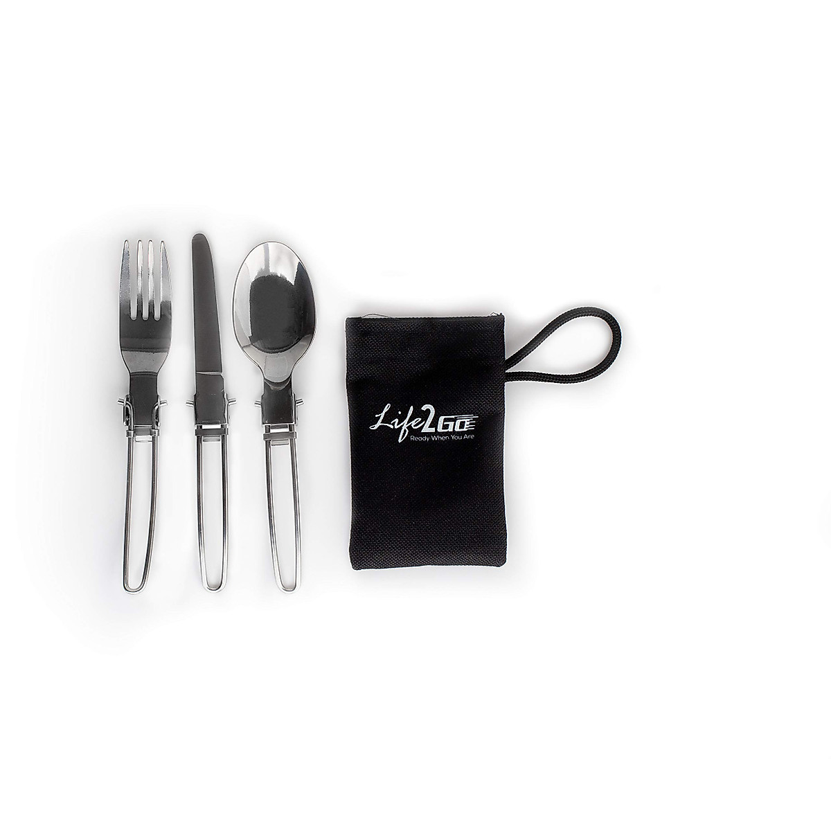 Life 2 Go 3 Pcs Camp Cooking Utensil Set & Outdoor Kitchen Gear Cookware Kit, Portable Compact Carry Case for Camping, Hiking, Travel, BBQ GrillinG Stainless Steel Accessories Spoon & Fork, Black