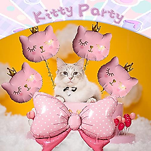 BlingABC Pink Cat Balloons 5Pcs, Large 20Inch Crown Kitty Cat with 30Inch Pink Bow Balloons for Girls Kitten Animal Themed Baby Shower Birthday Decoration Party Supplies