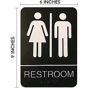 CORKO MANUFACTURING Unisex Braille Restroom Sign - Comes with Graphical Symbols and Double Sided 3M Tape to Secure Perfectly in Less Than a Minute - Size 9 x 6 Inch | Black