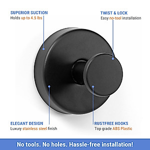 Season 2 Season Suction Cup Hooks for Shower, Bathroom Hooks for Towels Stainless Steel Wall Hook for Hanging up to 4.5 lbs Hooks for Kitchen, Glass, Mirror (2Pcs Black)