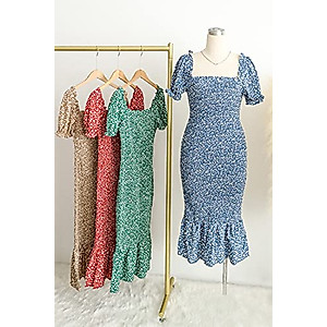 PRETTYGARDEN Women's Summer Floral Midi Bodycon Dresses Short Puff Sleeve Square Neck Ruffle Hem Mermaid Cocktail Dress (Red,Large)