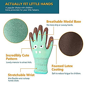 COOLJOB 2 Pairs Modal Toddler Work Gloves Ages 2-5, Rubber Coated Kids Gardening Gloves for Children, Ultra Soft Skin-friendly (Little Monster Series, Small S)