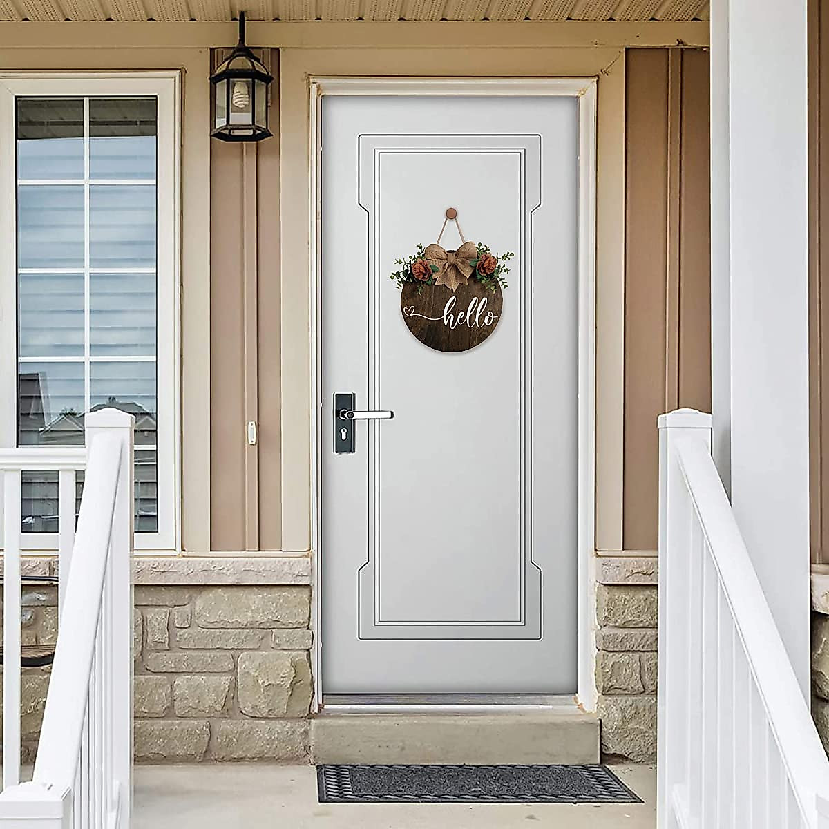 Wood Round Hello Welcome Wreath Sign Hanging Decoration Front Door, Farmhouse Porch Sign and Artificial Green Plant, Rural Outdoor Decor New House Relocation Gift