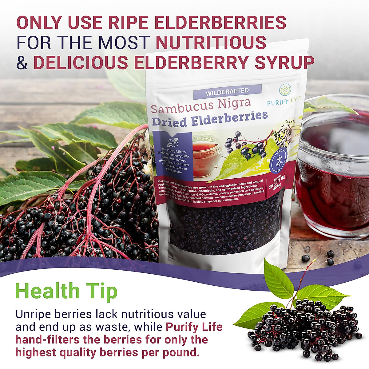 Dried Elderberries - 1lb Bulk - Hand-Sorted, Wildcrafted, Natural, Non-GMO, Whole European Immune System Support For Black Elderberry Syrup, Gummies, Jelly, Tea, Wine, Raw Sambucus, One Pound