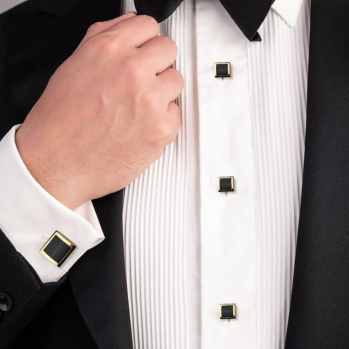 HAWSON Cufflinks and Studs for Men-Mens Fashion Cufflinks and Tuxedo Shirt Studs Set for Regular Wedding Business Accessories (Gold +Black Enamel)