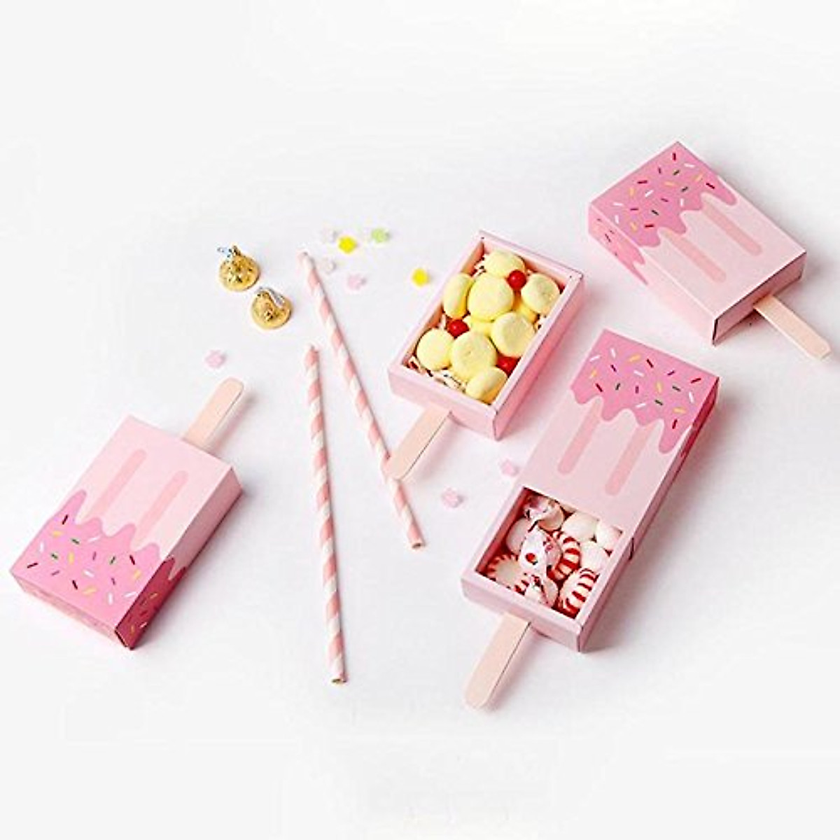 Pack of 50 Ice cream shape gift Candy boxes,kids party,favor box,Popsicle Candy Folding Paper Box Korean Cartoon Drawer Cute (Pink)