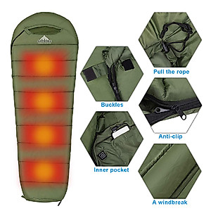 Mummy Sleeping Bag with Composite Fiber Heating Plate, Compression Sack for 3-4 Season Lightweight, Water Resistant & Warm for Camping, Hiking, Traveling and Outdoors（Power Bank NOT Included）