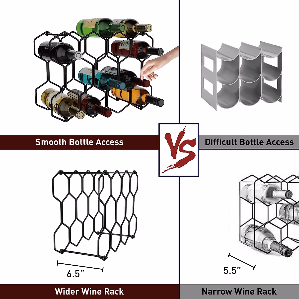 Buruis Countertop Wine Rack, 14-Bottle Modern Freestanding Metal Holder for Red and White Wine, Tabletop, Kitchen, Bar, and Cabinet Storage (Black)