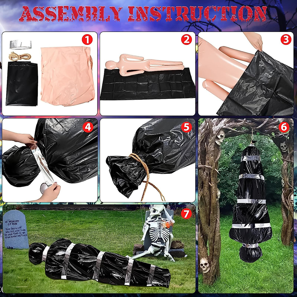 Niaoyun Halloween Decorations Dead Victim Props, Hanging Corpse Dead Victim Props Halloween Decorations, Scary Fake Corpse in Bag Hallowmas Outdoor Prop Creepy Haunted House Decor