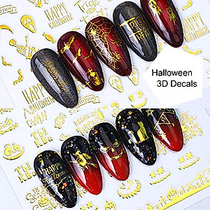 3D Halloween Nail Art Stickers for Women Gold Self-adhesive Nail Decals 9 Sheets Skull Witch Pumpkin Word Cat Ghost Nail Sticker Designs for Halloween Party Favor Supplies Manicure Tips Decorations