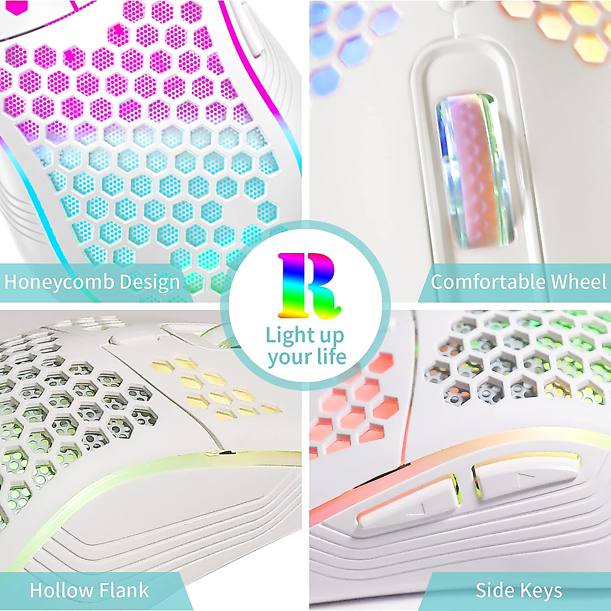 LETGOALL Lightweight Honeycomb Gaming Mouse, High Precision 7200DPI Optical Sensor, RGB Backlight, Wired, Ergonomic USB Computer Mouse for PC, Mac, Laptop (White)