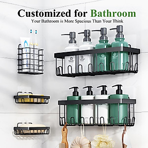 Kitstorack Shower Caddy, 5 Pack Adhesive Shower Organizer with 28 Hooks Wall Shampoo Holder for Bathroom Storage & Kitchen, Rustproof Large Shower Caddy Shelf Organizer Rack, Black