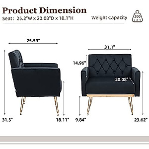 Olela Accent Chair Set of 2,Velvet Armchair Single Sofa Modern Tufted Upholstered Side Reading Chairs with Arm and Gold Metal Leg for Living Room Bedroom Club Nursery Office Decorate(2, Black)