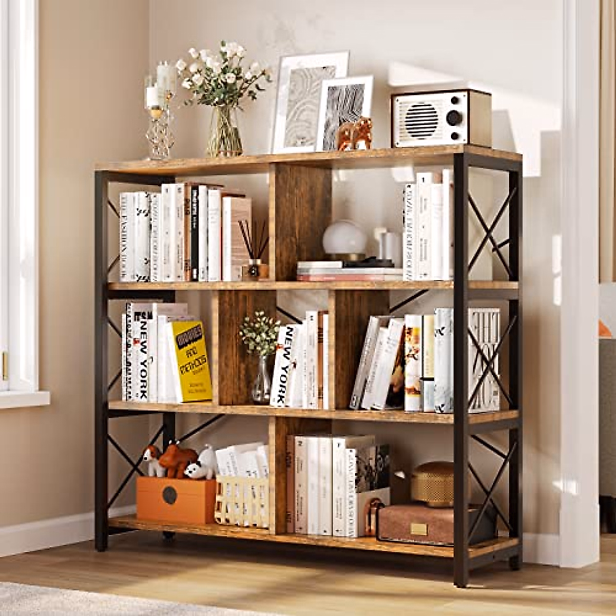 YITAHOME 4 Tier Bookshelf, Free Standing Cube Bookcases and Bookshelves, Industrial Furniture Wide Bookshelf Display Cabinet Open Storage Book Shelf for Living Room Bedroom Home Office, Rustic Brown