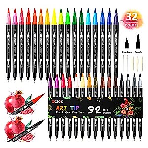 ZSCM 32 Colors Duo Tip Brush Markers Art Pen Set, Artist Fine and Brush Tip Colored Pens, for Kids Adult Coloring Books Christmas Cards Drawing, Note taking Lettering Calligraphy Bullet Journaling
