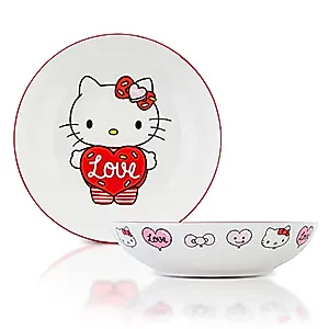 Toynk Sanrio Hello Kitty Love 9-Inch Ceramic Coupe Large Dinner Bowl For Serving Pasta, Salad, Cereal