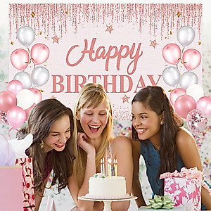 Pink Birthday Banner with Balloon Garland Arch Decorations Set, Pink Rose Gold Happy Birthday Backdrop Balloons Kit Party Supplies for Girls Women, Pink 16th 21st 30th 40th 50th 60th Bday Background