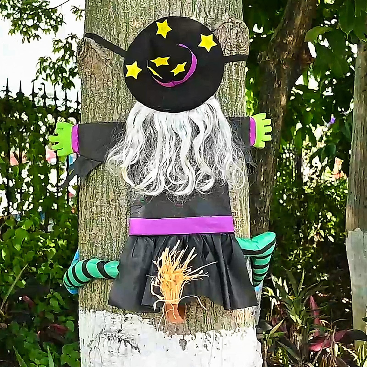 Crashing Which Into Tree Halloween Decorations Witch Decor Clearance Outdoor Hanging Funny Cute Witches with Broom Flying Crashed for Indoor Door Porch Pole Yard Lawn Garden Outside Attract Kids