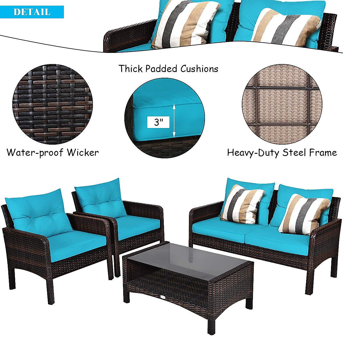 Tangkula 4 Piece Patio Furniture Set, Outdoor Wicker Conversation Set with Glass Top Coffee Table, All Weather Proof and Thick Cushions, Suitable for Porch, Garden, Poolside and Lawn (Turquoise)