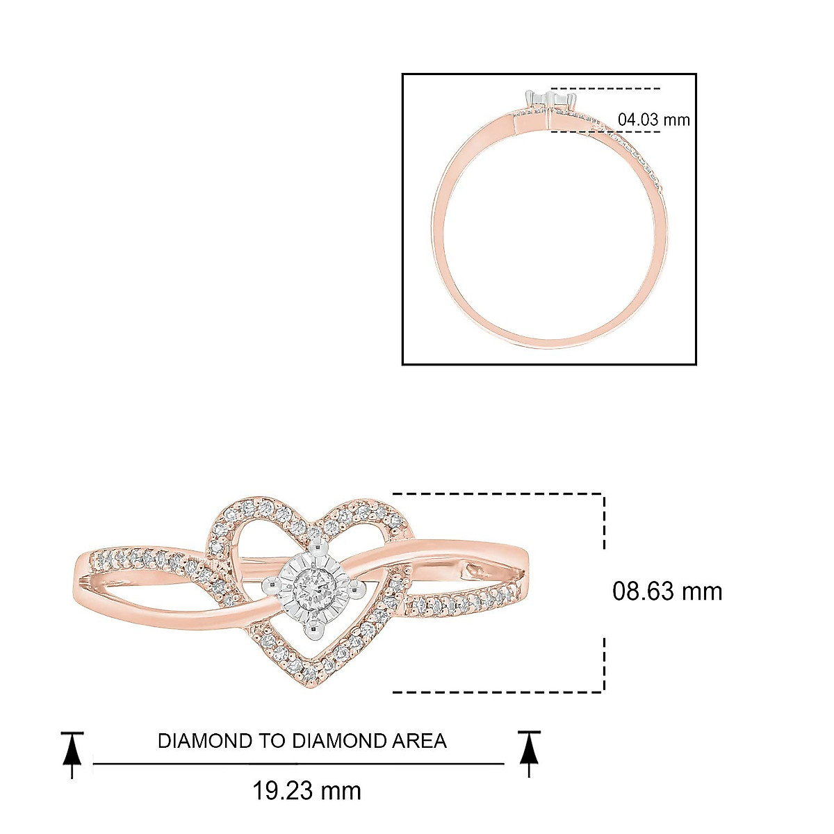 Cali Trove, Diamond Heart Promise Ring for Women, Heart Ring 1/10ct White Diamonds in Miracle Plate Setting with Criss-Cross Women's Engagement Ring in Yellow Gold-Plated, Rose Gold-Plated or 925