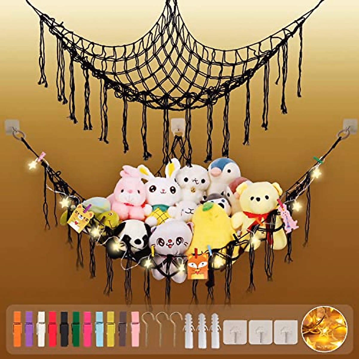 Stuffed Animal Net or Hammock with LED Light, Hanging Stuffed Animals Storage Hammock, Boho Macrame Toy Hammock Holder with Hooks, Corner Plush Toys Net Organizer for Bedroom Nursery Kids(Black)