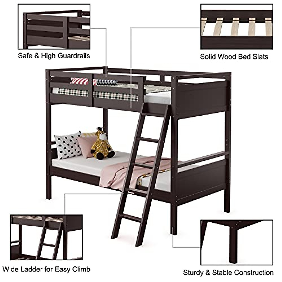 Giantex Twin Over Twin Bunk Bed, Solid Wood Twin Bunk Bed Convertible Into Two Individual Beds, Kids Twin Bunk Bed w/ Ladder & Guard Rail for Boys Girls (Espresso)
