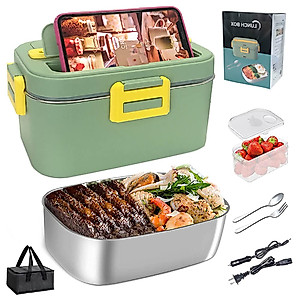 Generic 1.8L Electric Lunch Box Food Heater, 3-in-1 Portable Leak-proof Food Warmer Lunch Box for Car/Truck/Home, with Fork & Spoon, 75W Fast Heating, Safe Material, Easy to Clean
