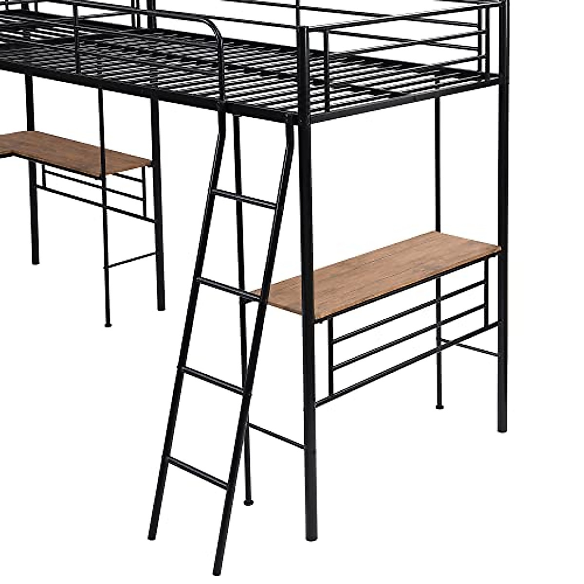 L Shaped Metal Loft Bed with Desk, Modern Style Heavy-Duty Steel Frame Twin Loft Bed with Safety Rail, Built-in Ladder for Bedroom, Dorm, Boys, Girls, Adults (Twin Size, Black)