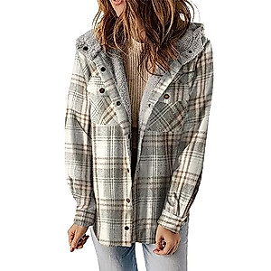 Dokotoo Womens Casual Jackets Winter Warm Thick Fleece Lined Plaid Hooded Jacket Teddy Bear Button Down Sherpa Fluffy Long Sleeve Shacket Flannel Shirts Cute Fall Coat Outwear with Pockets Gray Large