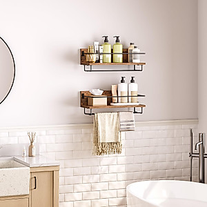 HOOBRO Wall Mounted Wine Rack 2 Pack, Wine Shelf Hanging Floating Wall Shelves, Wine Glass Bottle Rack Stemware Holder, for Living Room, Dining Room, Kitchen, Rustic Brown and Black BF28BJ01