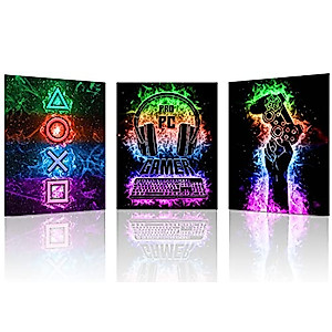 3 Pieces Neon Gaming Posters for Wall Decor, 11"x14" Neon Gamers Handle Playstation Keyboard Headset Canvas Art Posters, Game Wall Art for Teenage Room Playroom Decor, Gamer's Gift, (Unframed Prints)