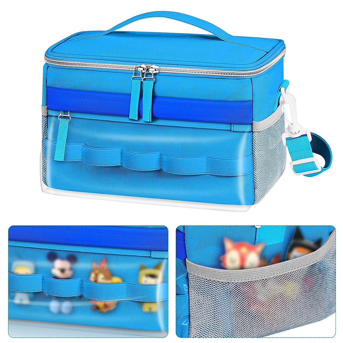KENOBEE Travel Bag for Toniebox and Yoto Player, Large Capacity Audio Player Carry Case, with Transparent Bag for Tonies Figures, Mesh Pocket for Player Cards and Creative Tonies Characters, Blue