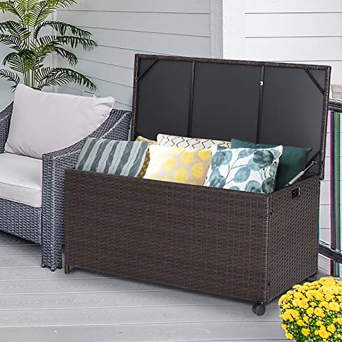 Tangkula 50 Gallon Wicker Deck Storage Box, Patio Rattan Storage Container with 2 Universal Wheels, Safety Pneumatic Rod, Zippered Liner, Sturdy Steel Frame, Ideal for Backyard, Poolside (Mix Brown)