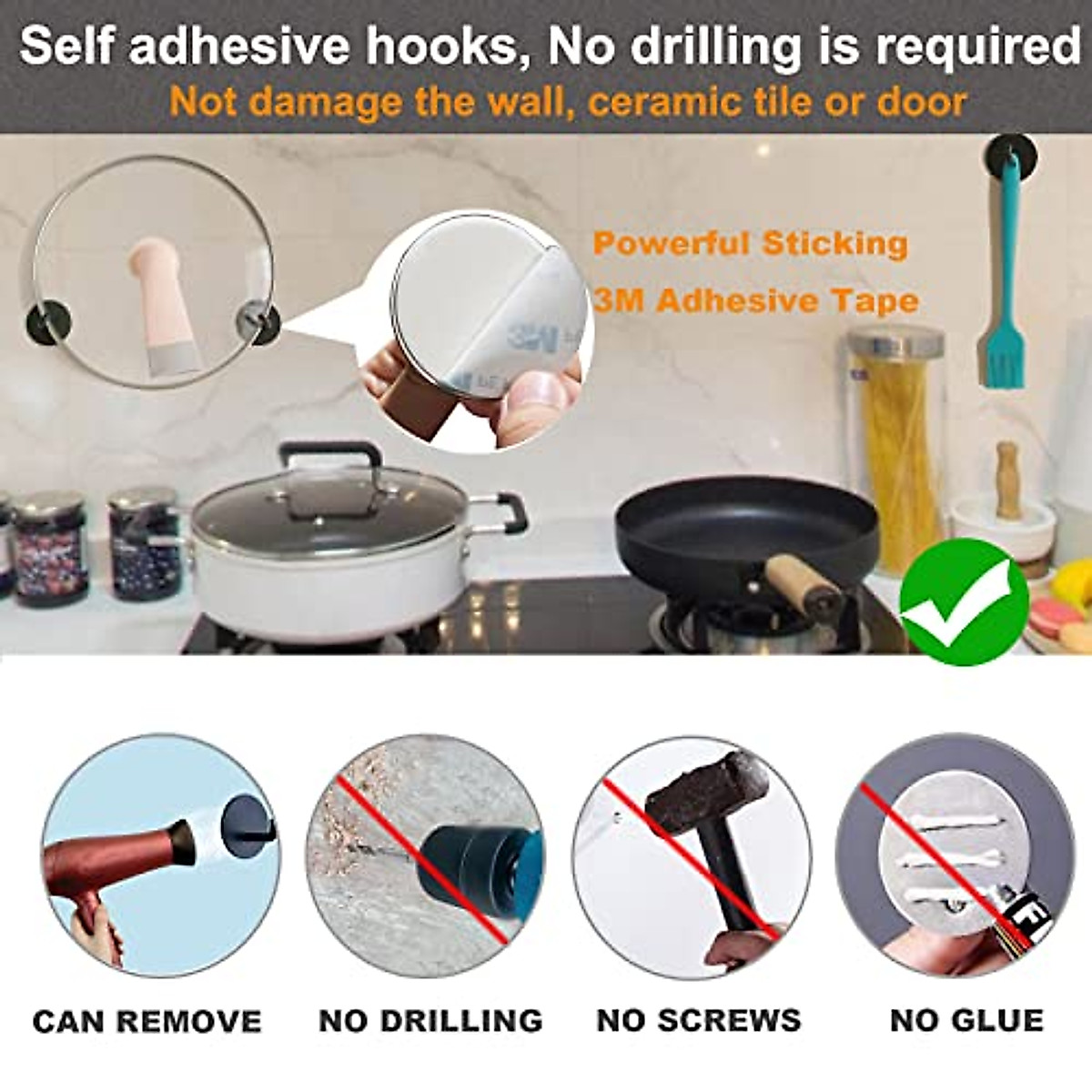 Yukrilt Black Adhesive Hooks - 8 Pack 15lb(Max) Sticky Wall Hooks for Hanging, Waterproof Rustproof Removable Stainless Steel Towel Hooks, Bathroom Kitchen Shower Heavy Duty Self Adhesive Hooks