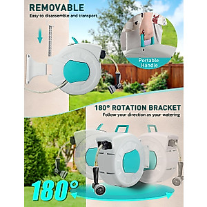 Rengue Retractable Garden Hose Reel, 1/2" x 100 ft Wall Mounted Hose Reel with 10 Pattern Nozzle, Automatic Slow Rewind, Any Length Lock, 180° Swivel Bracket, Ideal for Garden Watering
