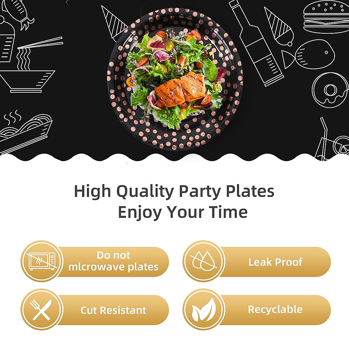 CENLBJ Black & Rose Gold Dots Party Paper Plates, 50 PCS Disposable Party Supplies Dessert Paper Plates for Birthday Party Wedding Graduation Party Supplies (7 inches)