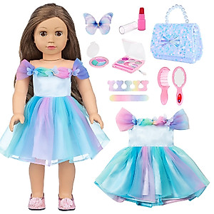 American 18 Inch Doll Clothes and Accessories Makeup Set Fashionable 18 Inch Doll Dress with Sequins Bag Cosmetic Game Set for 18 Inch Doll