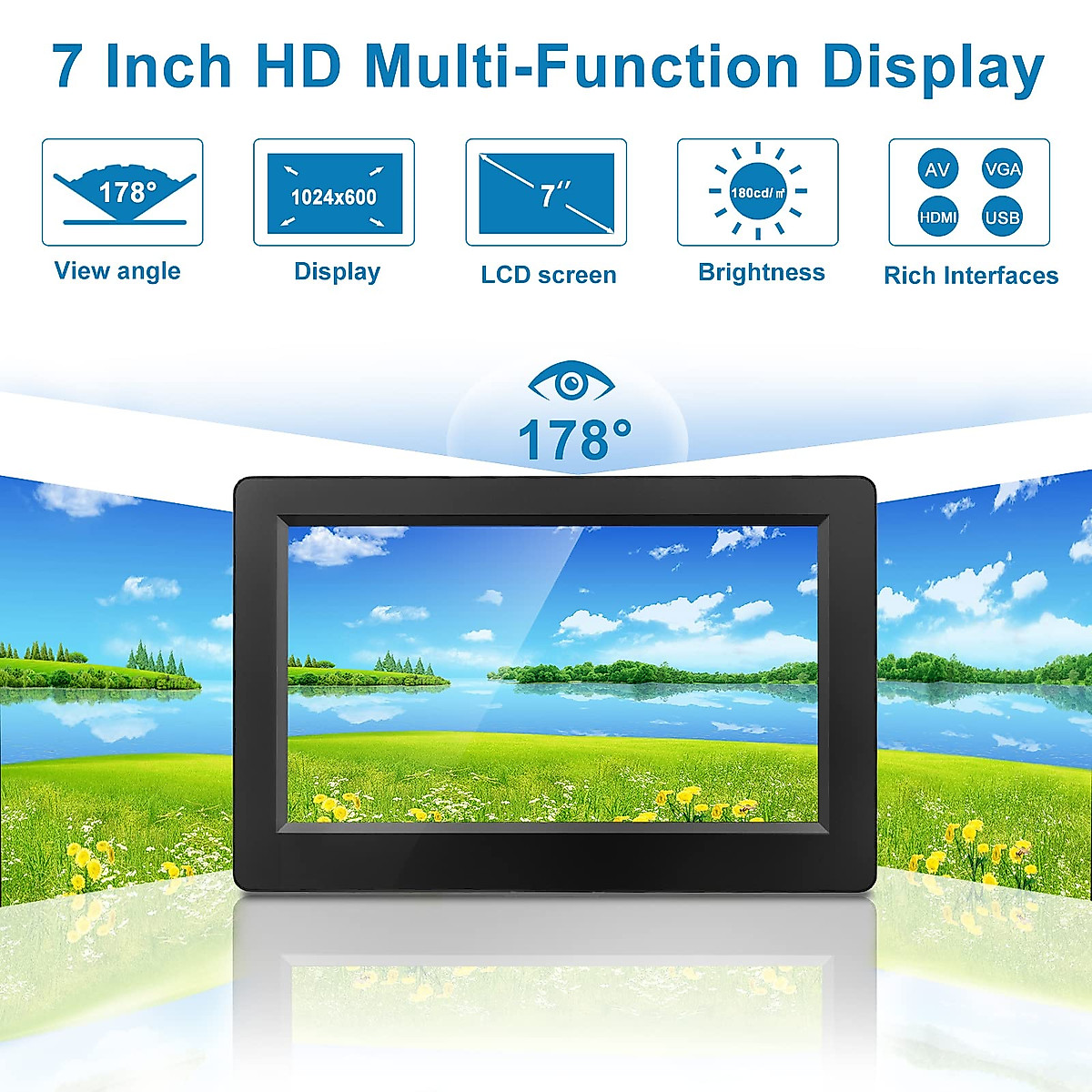 AUKUYEE 7 Inch Touch Screen 1024x600 IPS Monitor for Raspberry Pi 4 3 2B B RPi 1 B+ A+ PC Car with Speaker SC7K