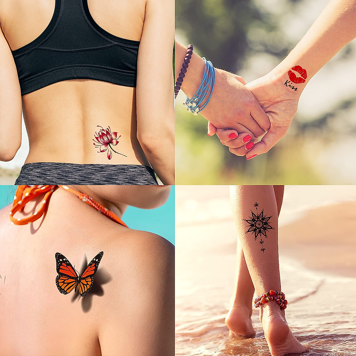 72 Sheets Temporary Tattoos for Women and Girls, Flower / Butterfly Temporary Tattoo, Fake Black Tiny Body Art Sticker