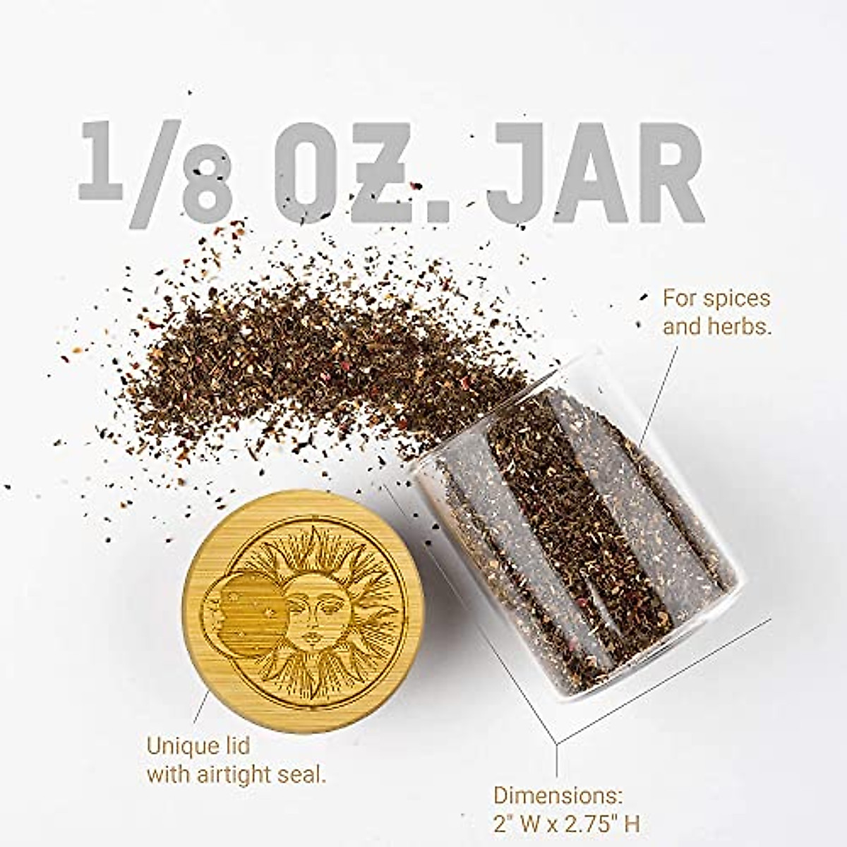 Sun and Moon 60ML Glass Food Storage Container and Decorative Engraved Air Tight Bamboo Lids Multi-Use Jar Herbs, Coffee, Tea, Sugar, Candy Apothecary Accessories for The Bedroom Kitchen Pantry