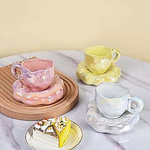 Koythin Ceramic Coffee Mug, Creative Cute Cream Sheen Cup with Sunflower Coaster for Office and Home, 6.5 oz/200 ml for Tea Latte Milk (Cream Pink)