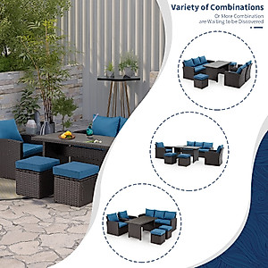 HOMREST 6 Pieces Patio Furniture Sets Clearance, Patio Dining Sofa Set Outdoor Sectional Sofa Conversation Set All Weather Wicker Rattan Couch Dining Table & Chair (Blue)