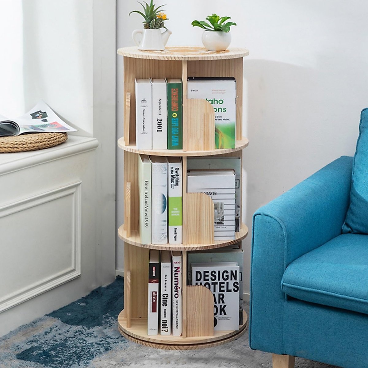 Heehee Rotating Bookshelf 360 Display Floor Standing Bookcase Storage Rack for Kids&Adults Multi-Functional Bookshelf Organizer (3-Tier)