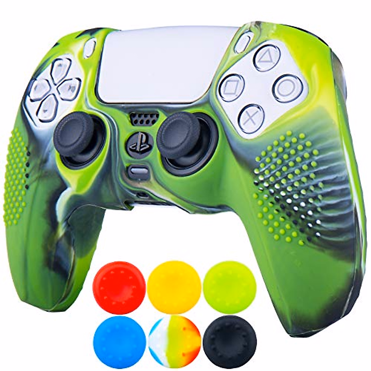 9CDeer 1 Piece of Silicone Studded Dots Protective Sleeve Case Cover Skin + 6 Thumb Grips Analog Caps for PS5 Controller, Camouflage Green