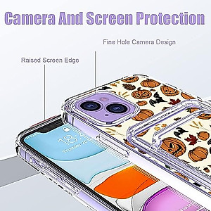 KANKENLU Boho Pumpkin Bat Leaves Halloween Pattern Clear Phone Case Compatible with iPhone 13 Mini with Card Holder,Halloween Theme Case for Women Girl,Card Slot Slim Wallet Case