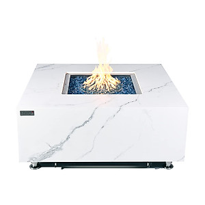 Bianco Marble Fire Pit 39.4" x 39.4" Outdoor Patio Firepit Includes Fire Glass Modern Fire Pits & Outdoor Fireplaces for Garden, Deck, Indoor & Outdoor Heating